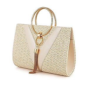 JURLEA Women Evening Bag Tassels Clutch Bag Glitter Clutch Purse Wedding Party Straw Clutch with Chain (White - Straw)