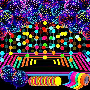Glow In The Dark Party Supplies Glow Party Neon Party Supply Set, 98.4ft 6Rolls Blacklight Luminous Tape 14.4ft Neon Streamers Garland 25Pcs Fluorescent Neon Balloon Decor(Clear,Dot)