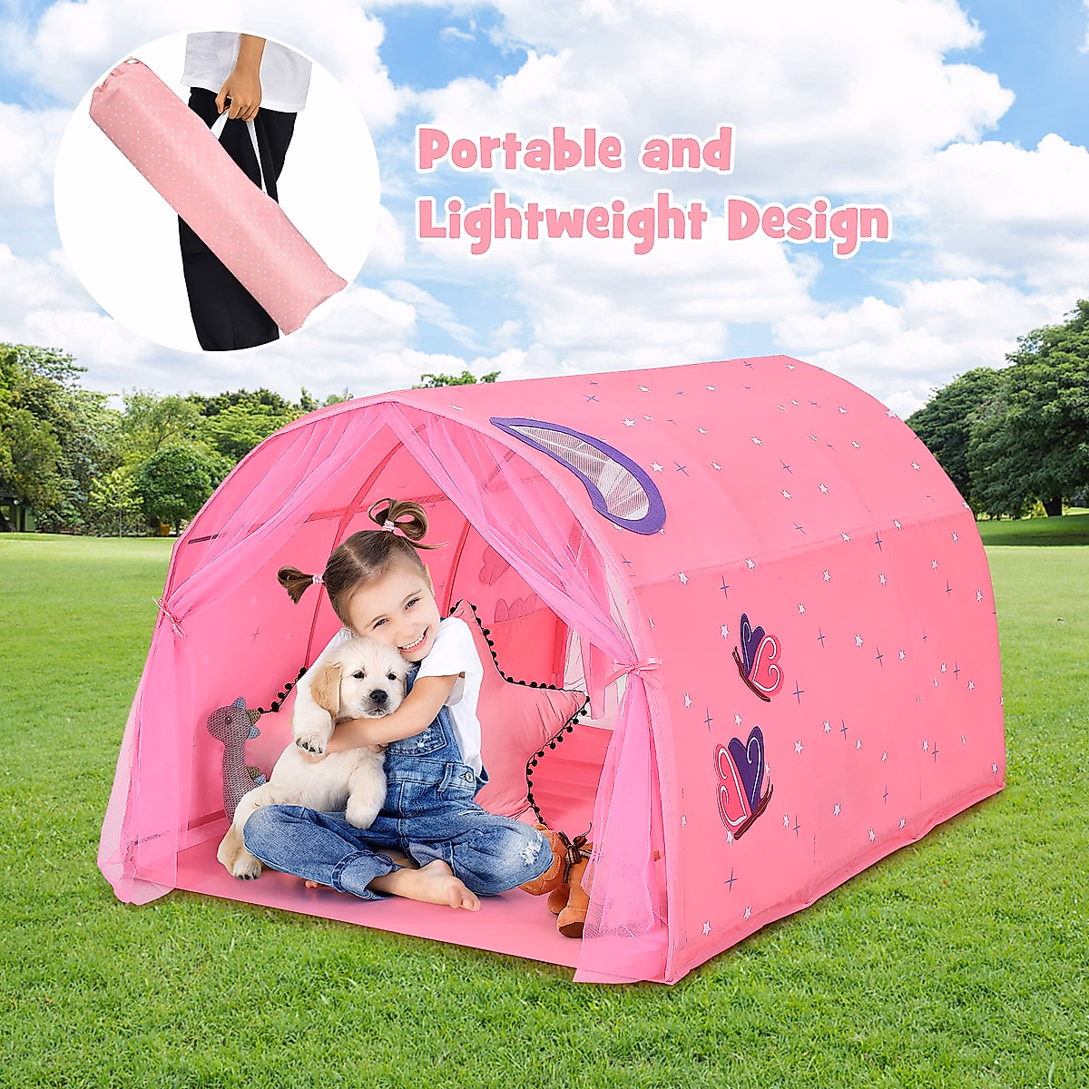 Costzon Kids Dream Bed Tent, Portable Baby Playhouse Privacy Space Twin w/Double Net Curtain, Princess Tent w/Inner Pocket & Carrying Bag, Children Play Tent for Girls (Pink)