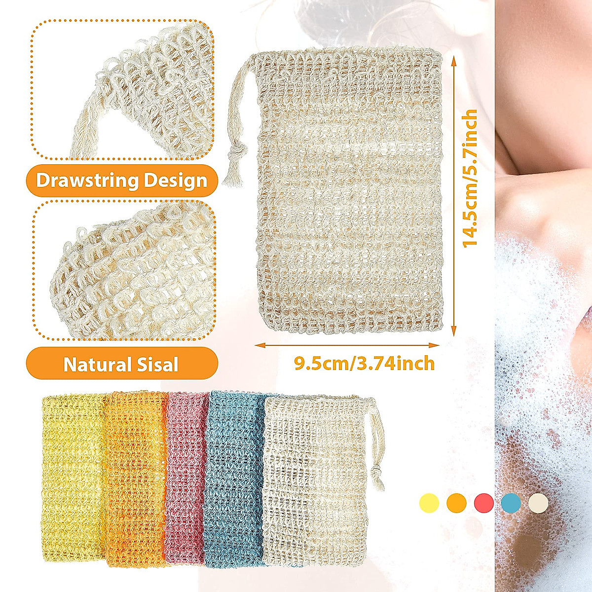 BBTO 5 Pieces Soap Saver Bag Natural Sisal Exfoliating Soap Pouch for Foaming and Drying, Shower, Scrubber(9 x 14 cm,White, Pink, Blue, Yellow, Orange)