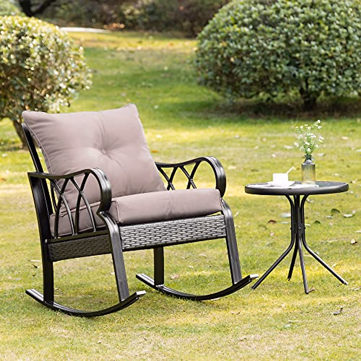 Outsunny Outdoor Wicker Rocking Chair with Padded Cushions, Aluminum Furniture Rattan Porch Rocker Chair w/Armrest for Garden, Patio, and Backyard, Grey