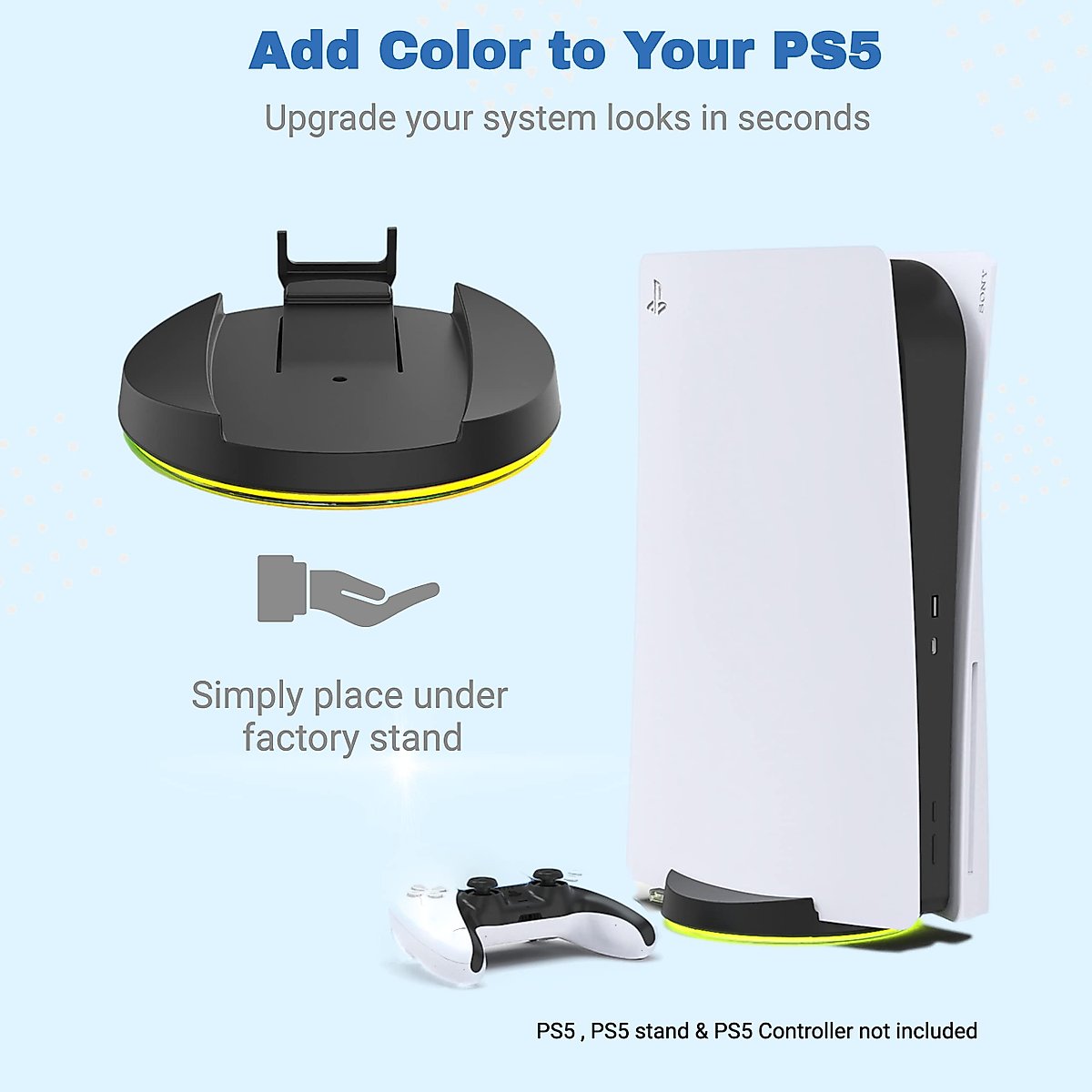 Gamers Digital RGB LED Base for PS5 Vertical Stand, 4-Color Modes, Sturdy Slim Design, Tool-Free Install with Remote