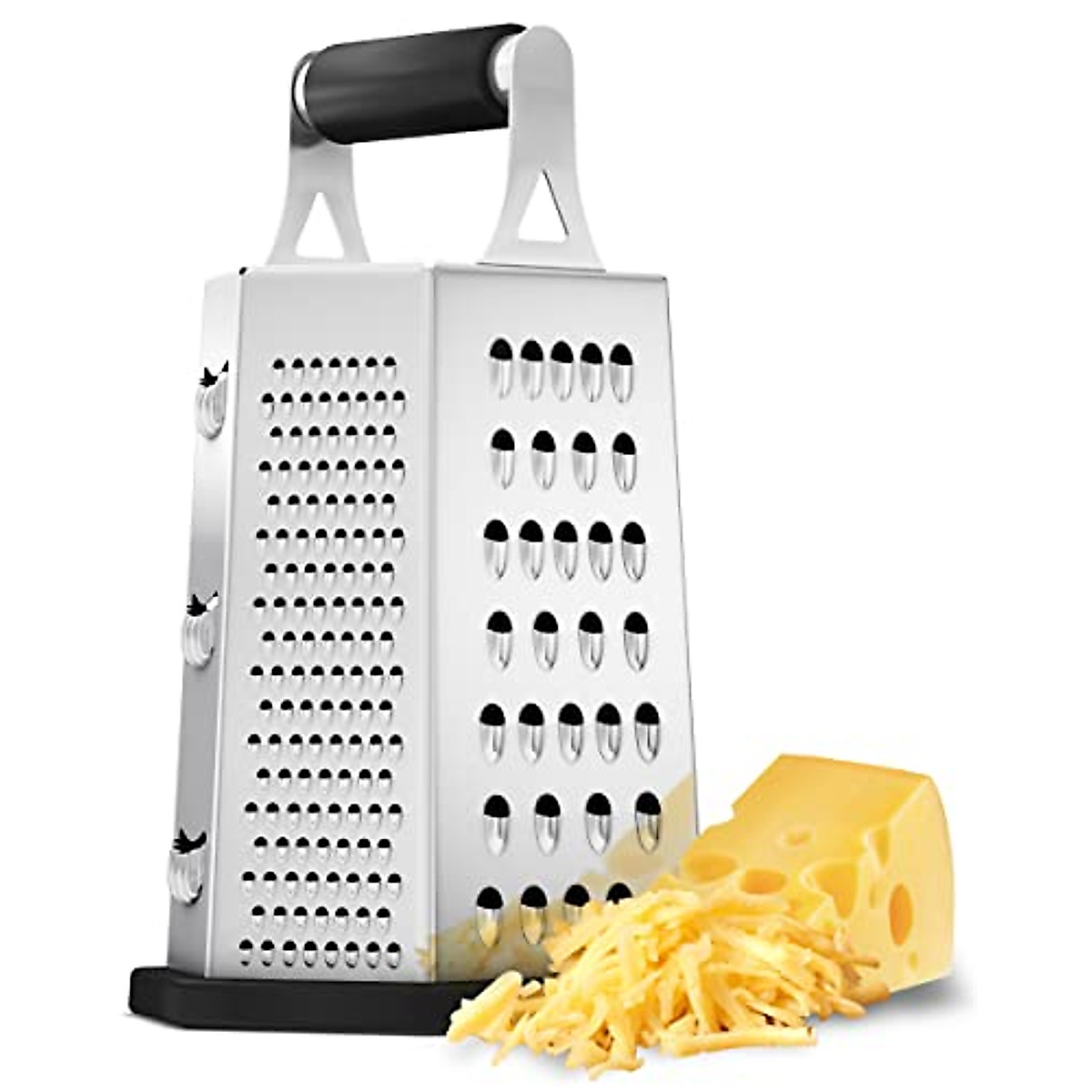 Utopia Kitchen - Cheese Grater & Shredder - Stainless Steel - 6 Sided Box Grater - Large Grating Surface with 6 Razor Sharp Blades - Non Slippery rubber bottom - Perfect to Slice, Grate, Shred & Zest Fruits, Vegetables, Cheeses & Many more! (Black)