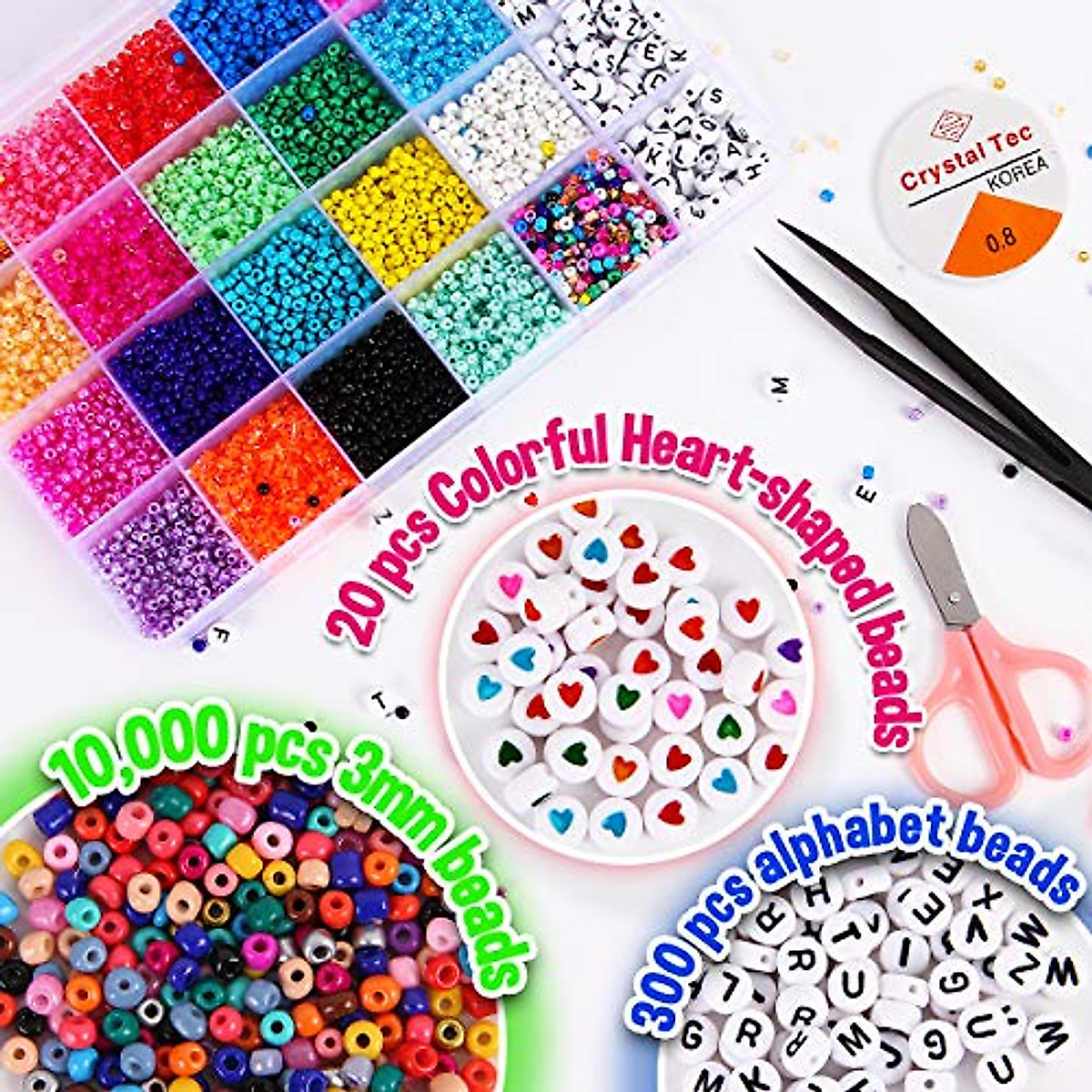 FUNZBO 10000pcs, 20 Colors 3mm Glass Seed Beads - Friendship Bracelet Kit, Beads for Bracelet Making Kit & Jewelry Making Kit, Gifts, Crafts for Teens, Kids, Girls, Boys