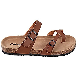 OUTWOODS Women's Bork-30 Vegan Leather Slide On Toe Loop Sandals, Brown 10