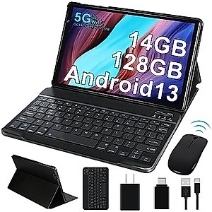 Tablet 10 inch Android 13 Tablets with 14GB RAM 128GB ROM, Octa-Core 2.0 GHz, 8000mAh Battery, 5G WiFi, Bluetooth 5.0, HD IPS Touchscreen, 5+8MP Camera Tablet with Keyboard Mouse Case, Gifts Grey