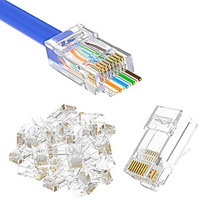 VCE RJ45 Cat6 Pass Through Connectors 100-Pack, UL Listed, Gold Plated Cat6 RJ45 Ends, Ethernet Crimp Network Plugs for Solid or Stranded UTP Cable, Support POE