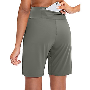 SANTINY Bermuda Shorts for Women with Zipper Pocket Womens High Waisted Long Shorts for Running Workout Athletic(Grey Sage_XL)