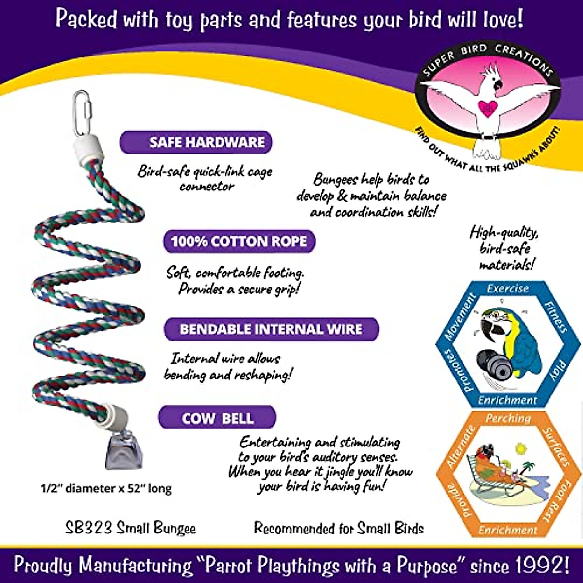 Super Bird Creations SB323 Small Bird Bungee Bird Toy, Small Bird Size, 1/2" diameter x 52"