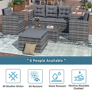 BIADNBZ 5-Piece Patio Furniture Set with Armchairs, Storage Bench and Glass Table, All Weather PE Wicker Outdoor Coversation Sofa Couch for Garden Backyard Lawn, Gray