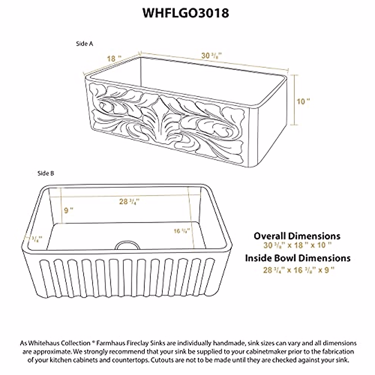 Whitehaus WHFLGO3018-BLACK Reversible Kitchen Fireclay Sink, 30 x 18 x 10, Black