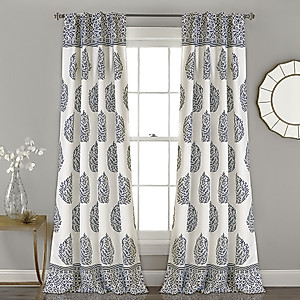 Lush Decor Teardrop Leaf Curtains Light Filtering Window Panel Set for Living, Dining, Bedroom (Pair), 84” x 52”, Navy