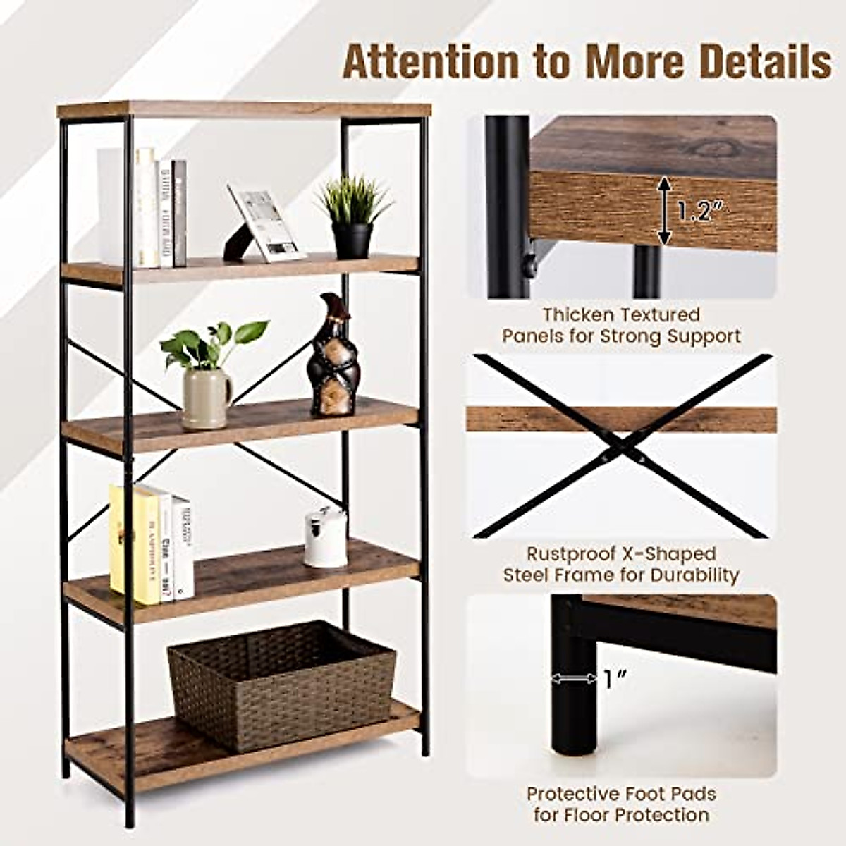 Tangkula 5-Tier Bookcase, Rustic Industrial Bookshelf, Décor Accent Display for Home, Office, Living Room, Bedroom, Wood Shelves w/Metal X-Shaped Frame, Display Bookshelf (Brown)