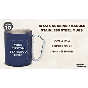 Custom Stainless Steel Mugs with Carabiner Handle 10 oz. Set of 10, Personalized Bulk Pack - Perfect for Coffee, Soda, Other Hot & Cold Beverages - Navy Blue