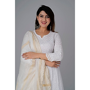 JG JAI GOVINDAM Chikankari Cotton Anarkali Indian Kurti For Women Summer Dress Kurta Pant With Dupatta Set Pakistani Long Kurta-(XL) White