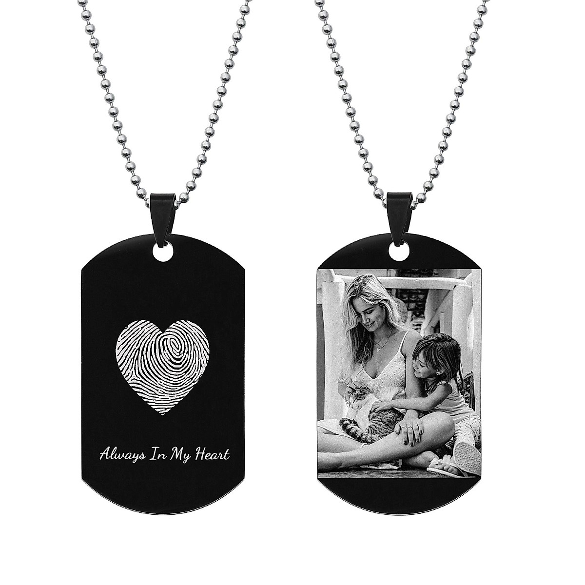 Dreambell Personalized Engraved Custom Heart Fingerprint Photo Picture Dog Tag Pendant Ball Memorial Jewelry N 24" Gift F/Wife Husband Couple Lover Keepsake Black