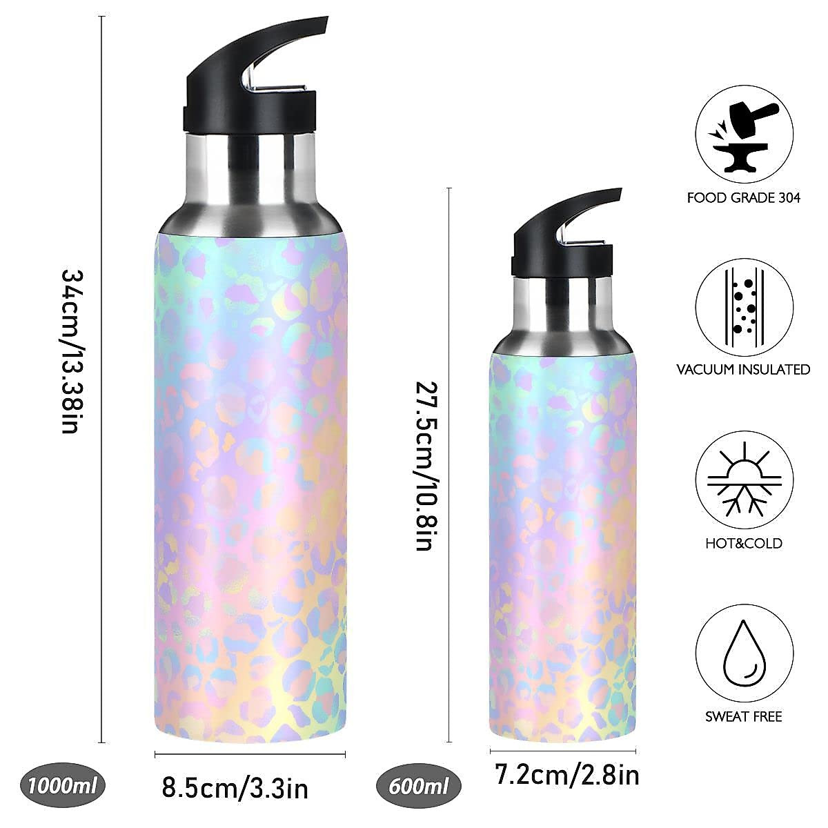 Glaphy Rainbow Leopard Print Water Bottle with Straw Lid, BPA-Free, 32 oz Water Bottles Insulated Stainless Steel, for School, Office, Sports