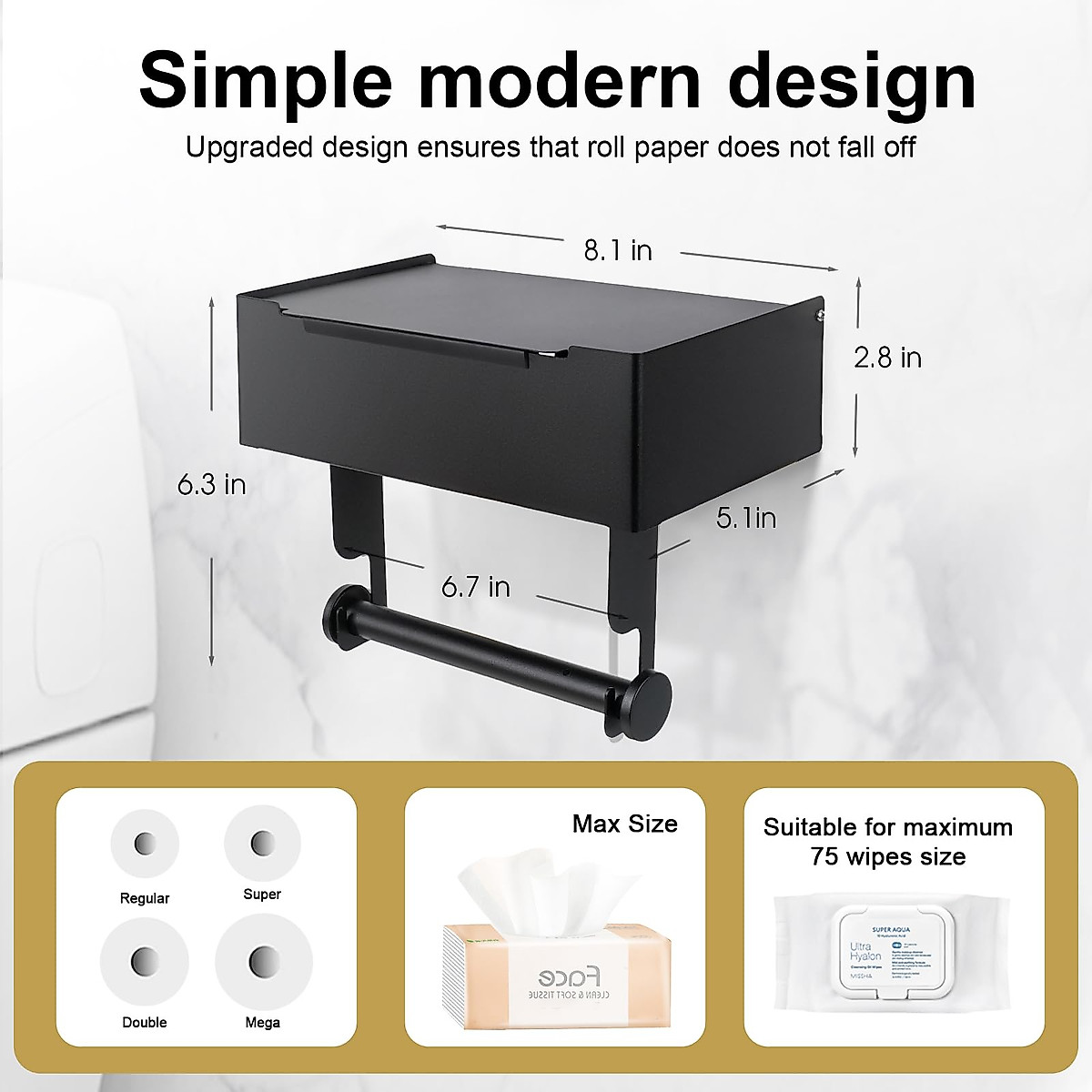 Beileqi Matte Black Toilet Paper Storage Holder with Shelf for Wet Wipes, Sanitary Tampon, Trash Bags, Bathroom Wipes Holder Accessory Space Saver and Organizer