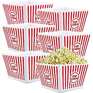 Bekith 6 Pack Plastic Open-Top Reusable Popcorn Boxes, Popcorn Containers Bucket Tub for Movie Night, 9" Square x 6" Tall