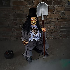 Haunted Hill Farm Motion-Activated Crouching Grave Digger by Tekky, Talking Scare Prop Animatronic for Indoor or Covered Outdoor Creepy Halloween Decoration, Plug-in or Battery Operated