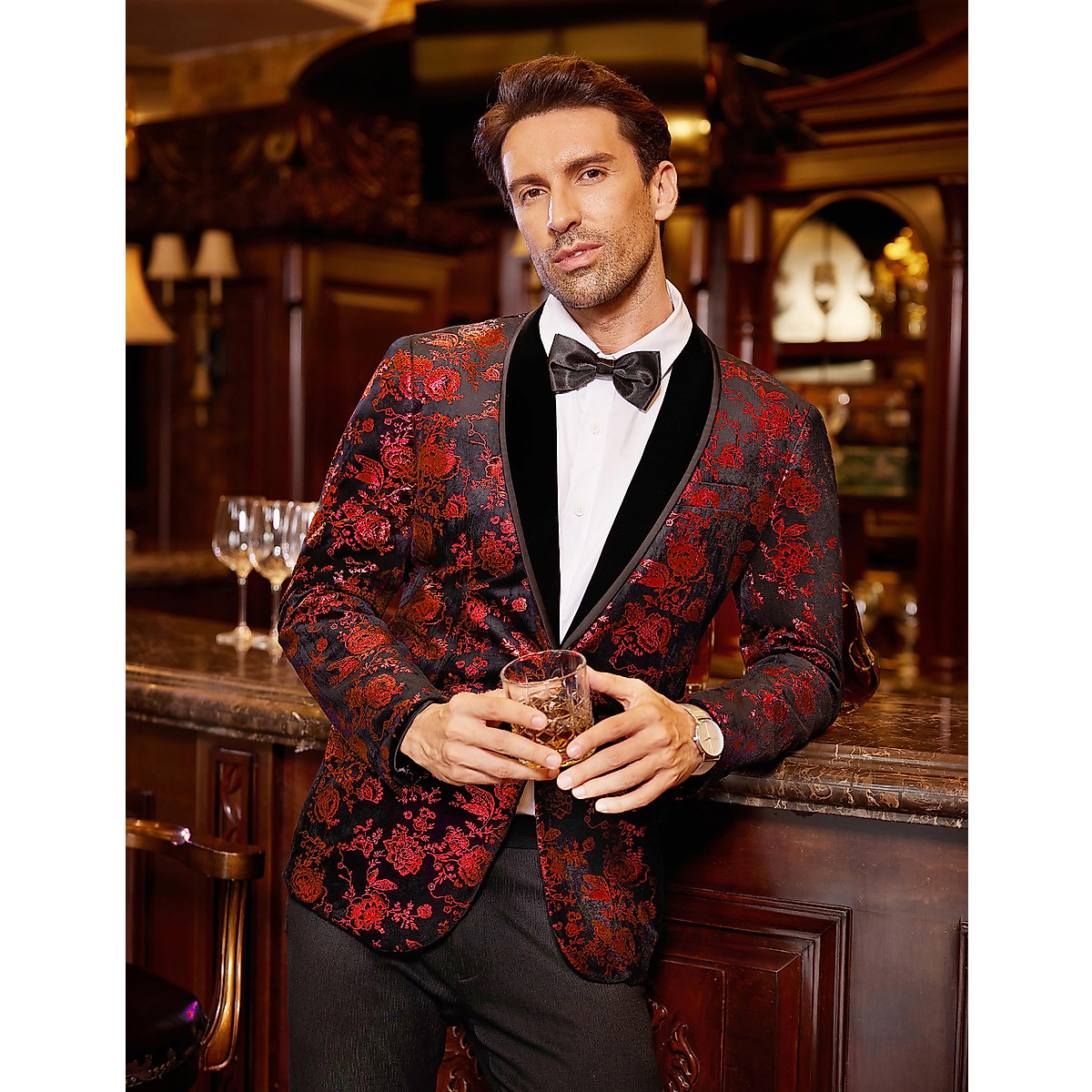 COOFANDY Mens Floral Tuxedo Jacket Regular Fit Velvet Blazer Red Wedding Party Prom Suits Jacket