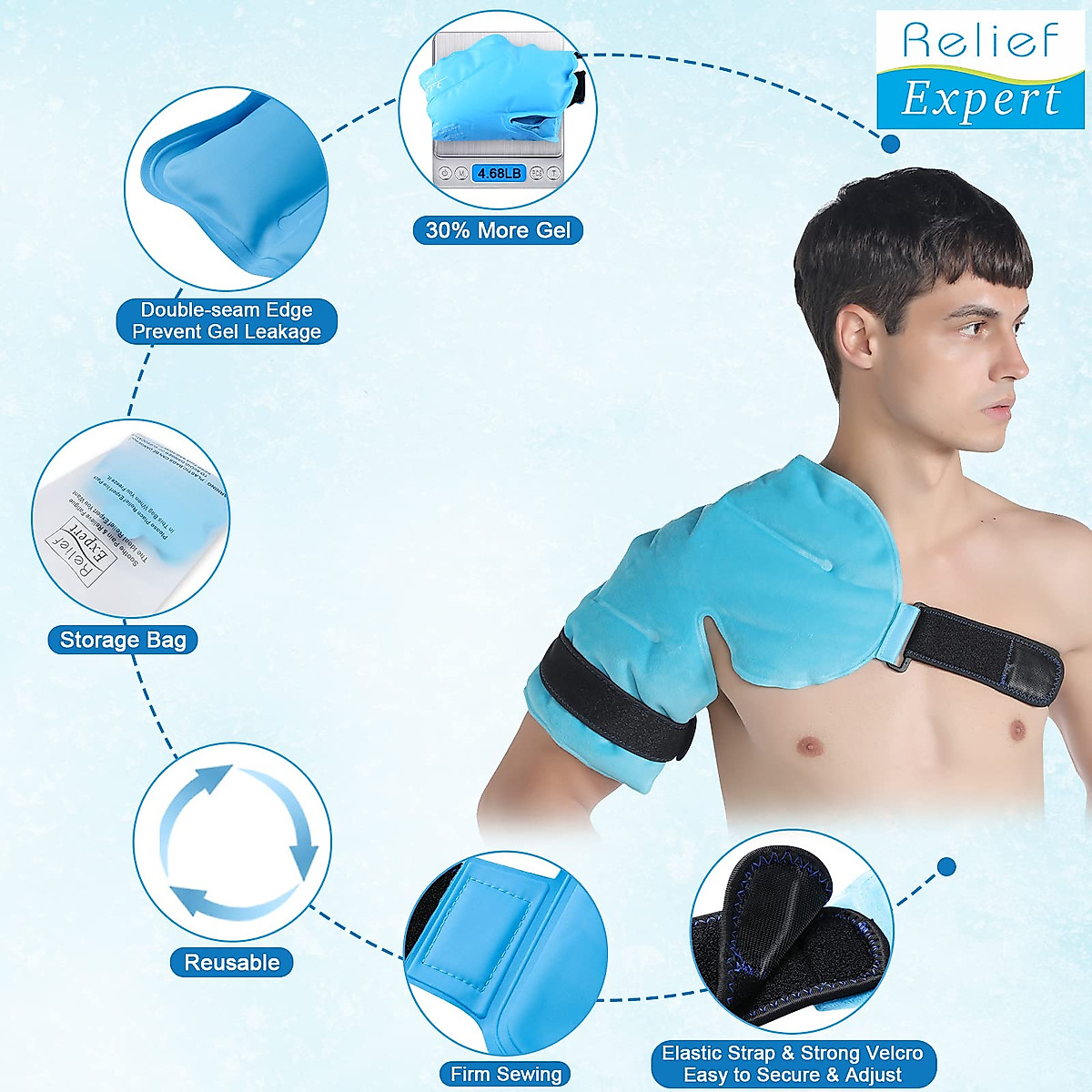 Relief Expert Extra Large Shoulder Ice Pack Wrap Reusable Rotator Cuff Cold Compression for Left or Right Shoulder and Upper Arm, Large Gel Cold Pack Wrap for Arm with Soft Plush Lining - Blue