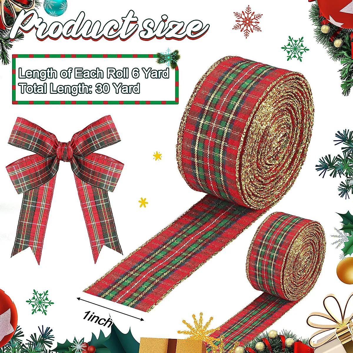 Tatuo 5 Rolls 30 Yards Christmas Red Plaid Ribbon Gingham Check Wired Edge Wrapping Ribbon Tartan Decor for Christmas DIY Crafts Present Wrapping Gift Home Decorations Bows(1 Inch Wide)