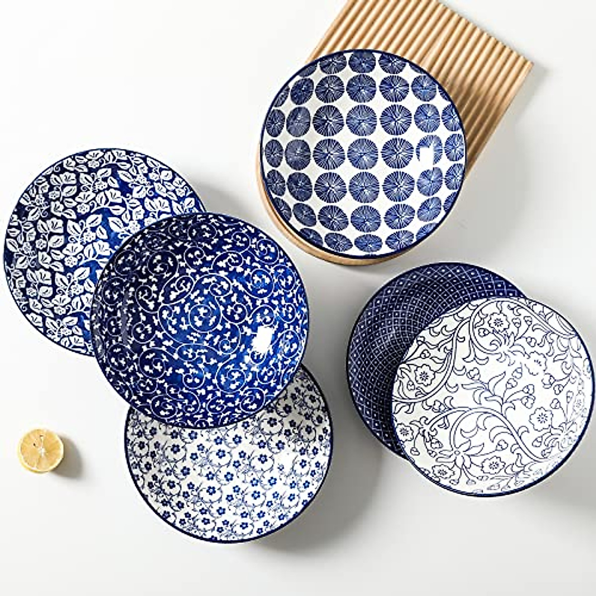 Selamica Porcelain 40oz Large Bowls 9 inch Big Pasta Salad Bowls, Microwave and Oven Safe, Vintage Blue, Set of 6