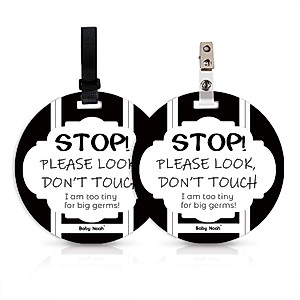 No Touching Newborn Baby Car Set Sign or Stroller Tag, Do Not Touch Baby Sign for Baby Girl, Baby Preemie Gender Neutral No Touch Safety Sign with Hanging Straps and Clip (Black and White, 2 Pack Set)