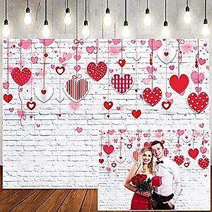 LTLYH 8x6ft Valentine's Day Backdrop White Brick Wall Red Hearts Photography Background Valentine's Day Wedding Bridal Shower Birthday Party Decor Banner Portrait 088