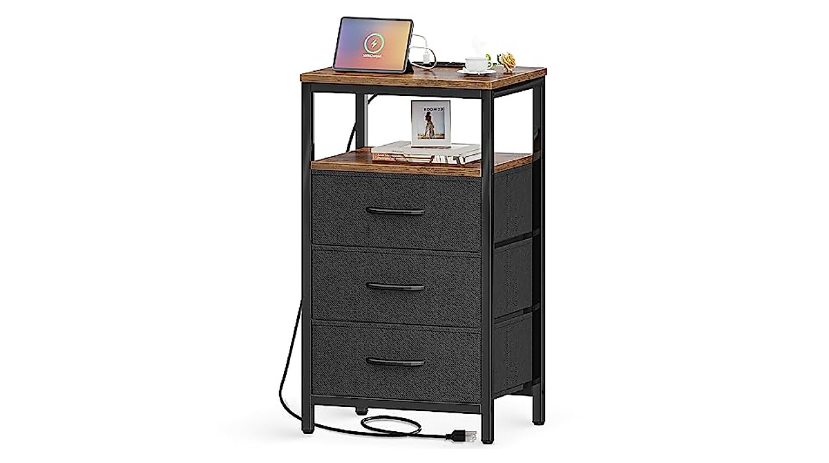 Huuger Nightstand with Charging Station - Rustic Brown Style