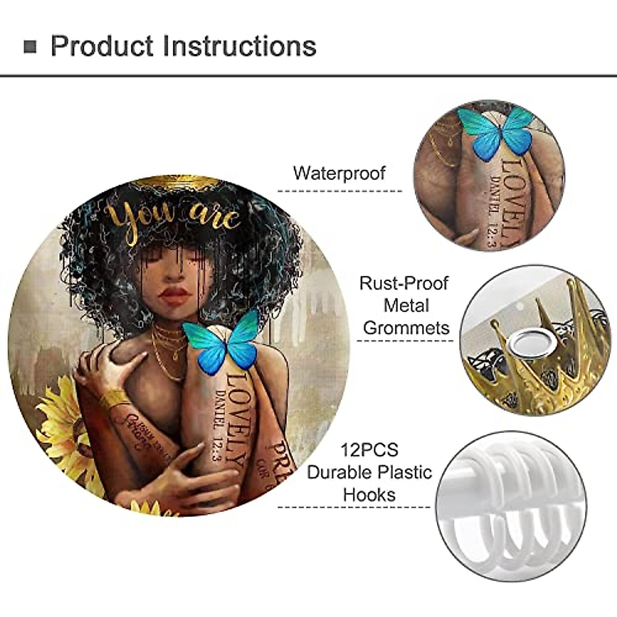 4 Pcs Queen Girl Shower Curtain Sets with 12 Hooks Waterproof Polyester Bathroom Sets with Rugs and Accessories-Bath Mat,Toilet Lid Cover,U-Shaped Mat,Black Girl Shower Curtain for Bathroom