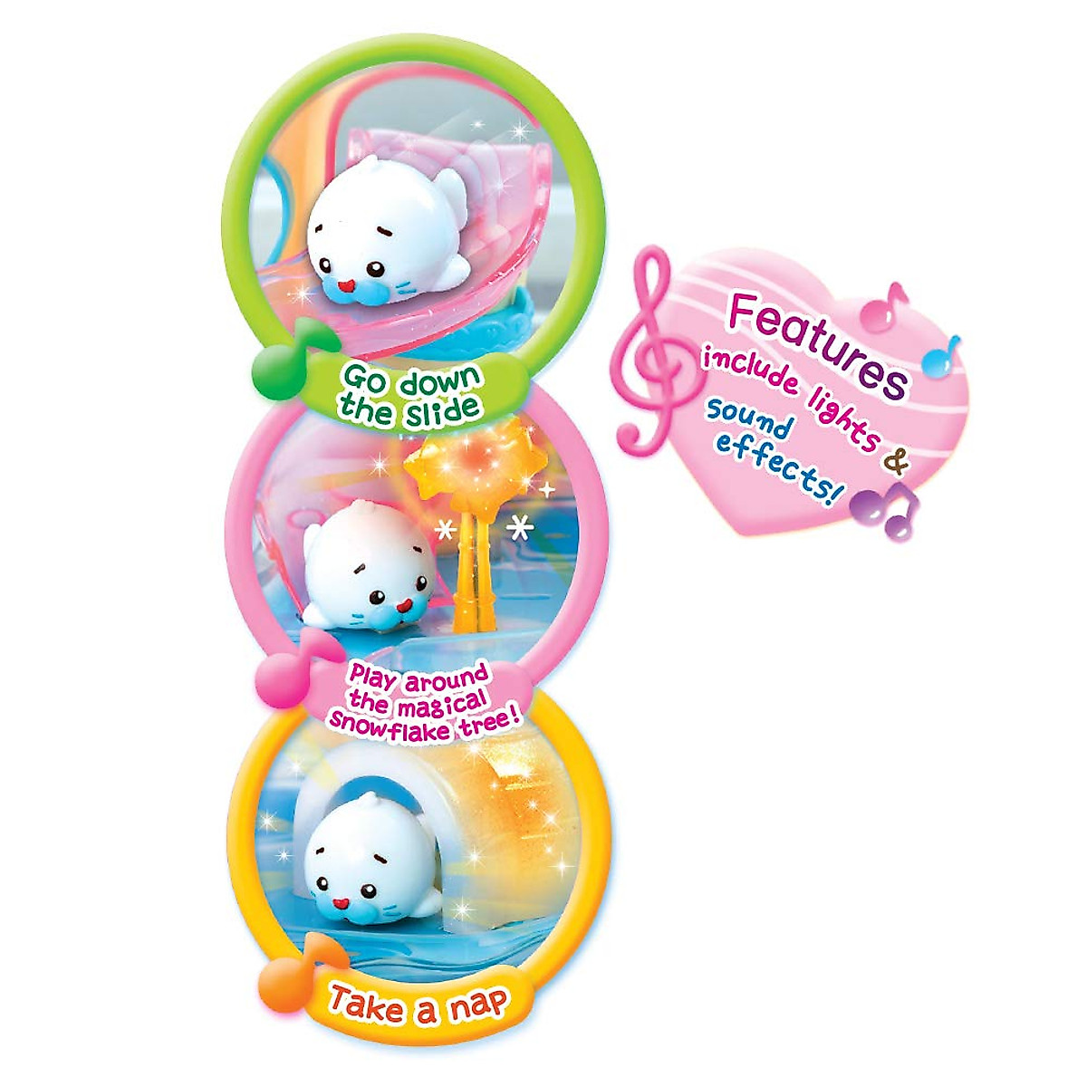 TOYTRON Baby Seal Harp, Harp and Friends, Ice Cream Castle, Battery Operated Interactive Playset Toy with Various Light and Sound Effects - 3 Years and up