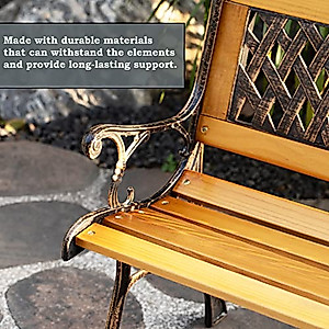 Gardenised QI003462L Outdoor Classical Wooden Slated Park, Steel Frame Seating Bench for Yard, Patio, Garden, Balcony, and Deck, Brown