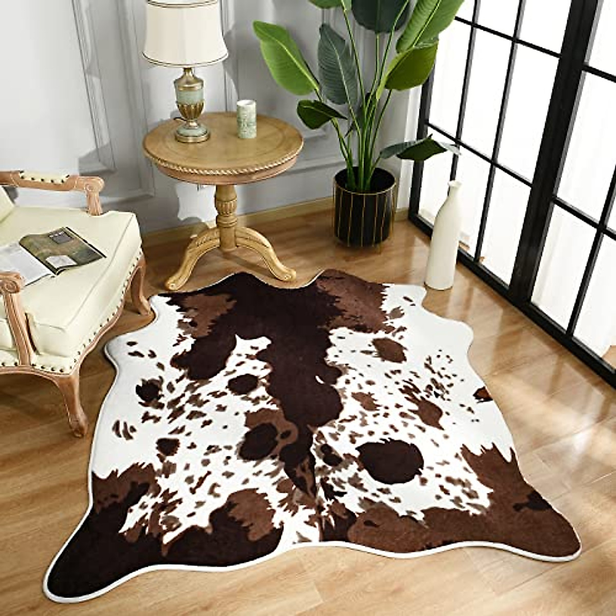 Kimicole Cute Cow Print Rug Faux Cowhide Rug, Upgraded Fluffy Animal Printed Area Rug for Living Room Bedroom Office Western Decor, Luxury Animal Print Carpet Non-Slip, Brown and White, 4.6ft x 5.2ft