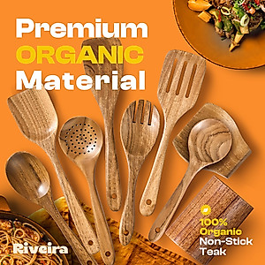 Riveira 9 Pieces Teak Wooden Spoons For Cooking – Premium & Durable Organic Teak Wooden Cooking Utensils – Non Stick Wooden Spatula For Cooking – Non Toxic Wooden Utensil Set With Holder & Spoon Rest