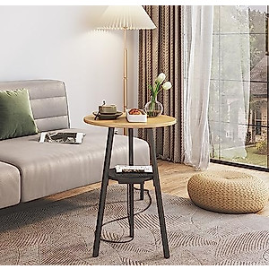 IRCPEN Round End Table with Charging Station, 2-Tier Small Round Table with USB Ports & Power Outlets, Rustic Vintage Nightstand Bedside Table Sofa Table for Bedroom, Living Room (Natural)