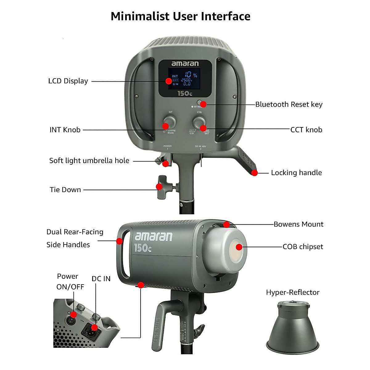 Aputure amaran 150c Video Light,RGB Studio Light 150W Output Bowens Mount Point-Source LED video light,15,610 lux @ 1m 2,500K ~7,500K CCT,APP Control 9 System FX Photography Lighting(amaran 150c Gray)