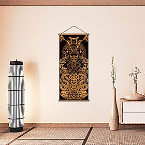 Warrior’s Dreams Canvas Wall Art Print Poster Armored Helmet Samurai spirit with Scroll Wood Framed Ready to Hanger Home Karate Hall Sushi Restaurant Decor 16”x35”