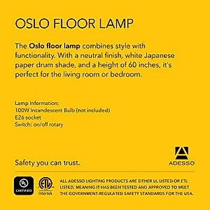 Adesso 6237-02 Oslo Floor Lamp – Corrosion Resistant, Scratch Proof, White Matte Finish Lighting Equipment with Metal Body. Tools & Home Improvement,Matte White