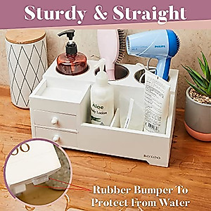Boxoo Hair Tools Organizer with Drawers - Blow Dryer, Curling Iron, Straightener, Hair Brush Holder - Dressing Table, Bathroom Countertop Storage Caddy - Makeup, Toiletries, Hot Tools Holder, White