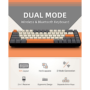 ZIYOU LANG RK68 60% Wireless Mechanical Keyboard, Bluetooth 5.0/2.4Ghz Dual Mode 2-in-1 USB-C Receiver Mini Mechanical Keyboard, Hot Swappable Red Switch Gaming Keyboard for PC/MAC/Laptops
