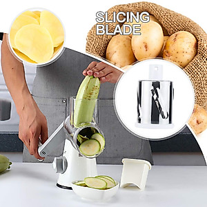 Tevokon Cheese Grater Rotary Cheese Grater 3 Multi Blade Cheese Shredder Manual Vegetable Slicer with Non-slip Suction Base Nuts Grinder Vegatable Shredder With Brush Peeler White
