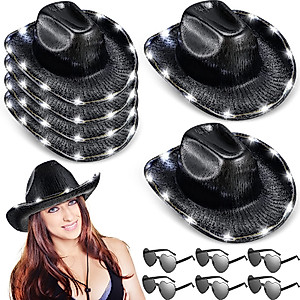 Janmercy 6 Pack Led Cowboy Hats Light Up Glitter Space Cowgirl Hat with 6 Heart Sunglasses for Women Girls and Men (Black)