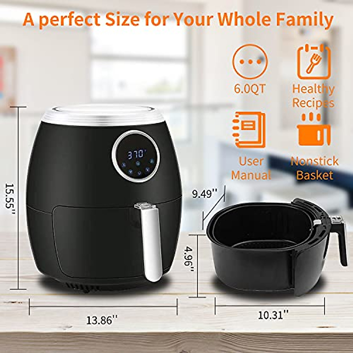 ZAFRO Electric Hot Air Fryer 6-Quart 1500 Watts, Oven Cooking with Temperature Control, Extra Hot Air Fry, Cook, Crisp, Broil, Roast, Bake, 7 Presets with Recipe Book, LED Dispiay, Black