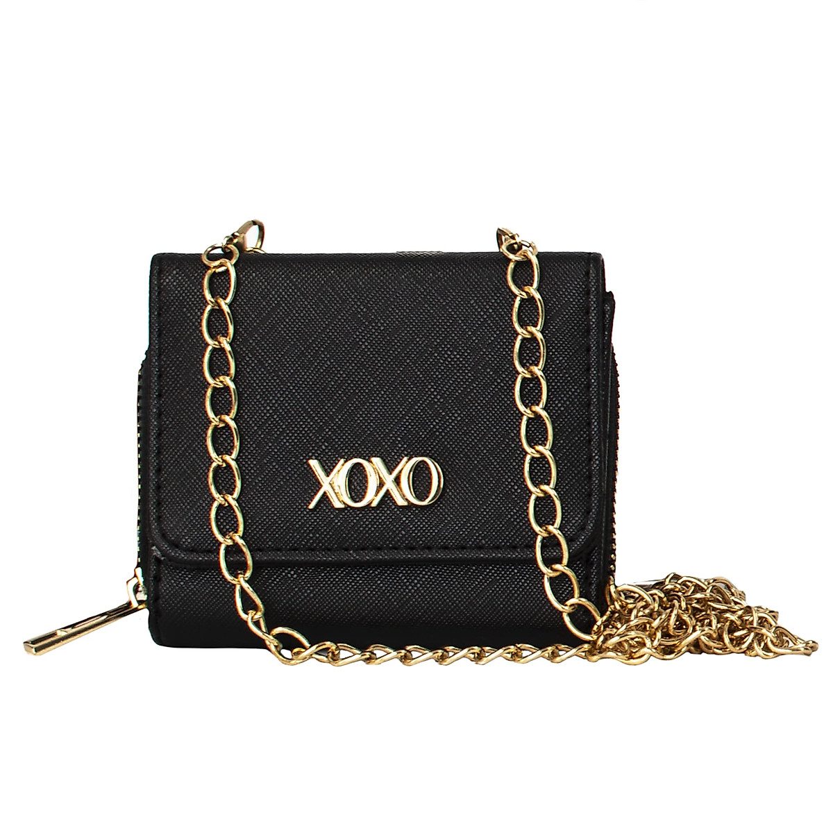 XOXO Women’s Wallet Mini Black Saffiano Zip Around Graffiti Print Indexer With Chain Crossbody Strap