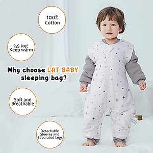 LAT Baby Sleep Bag with Feet Winter, Wearable Blanket with Legs, Warm Sack for Toddler Thicken 2.5 TOG-Sleepsuit Removable Sleeves-Hip Open With Buckle(Gray+White Stars,XS/70)