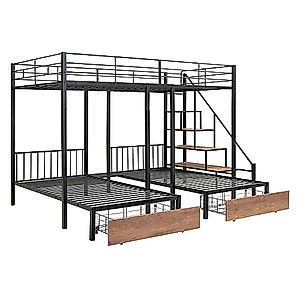 ATY L-Shaped Triple Bunk Beds with 2 Drawers, Full Over Twin & Twin Bunkbeds w/Storage Staircase, Metal Bedframe for 3 People, Save Space, Bedroom & Dorm Supplies, No Spring Required Needed, Black