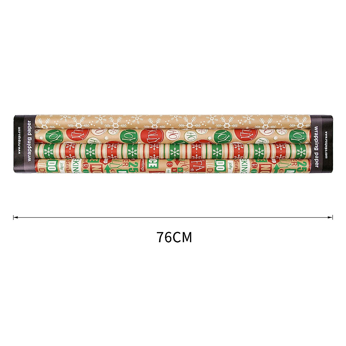 RUSPEPA Christmas Wrapping Paper, Kraft Paper - Snowflakes, Red and Green Stripe and Christmas Greetings - 4 Rolls - 30 inches x 10 feet per Roll
