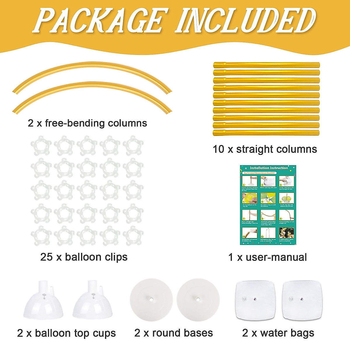 CYAOOI 8FT & 6FT Gold Balloon Arch Stand, Free Bending Top Balloon Arch Kit, Half Arch Balloon Stand with Base for Floor, Balloon Column Kit for Wedding Birthday Baby Shower Graduation Party Decor